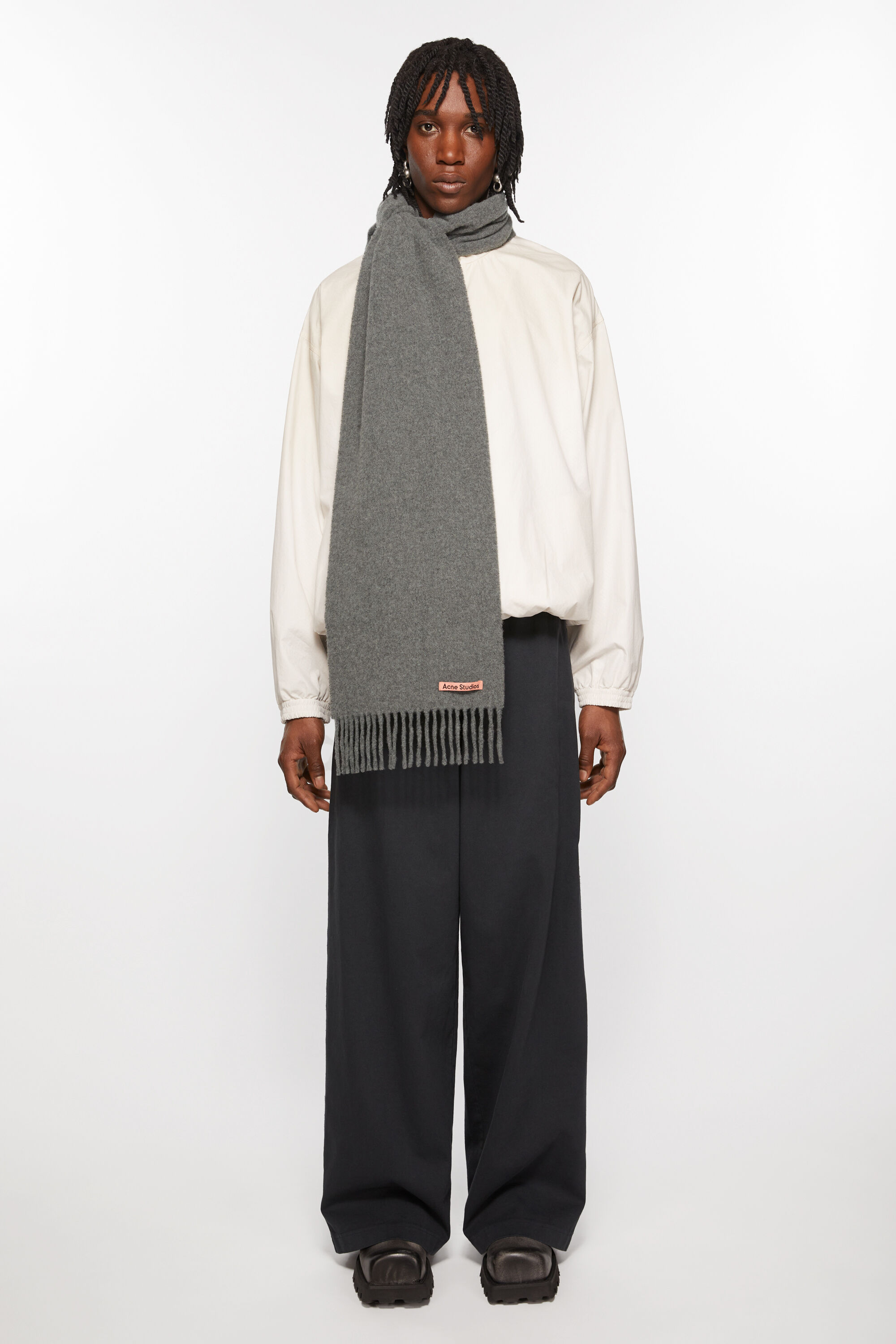 Acne Studios - Fringe wool scarf - skinny - Grey Melange