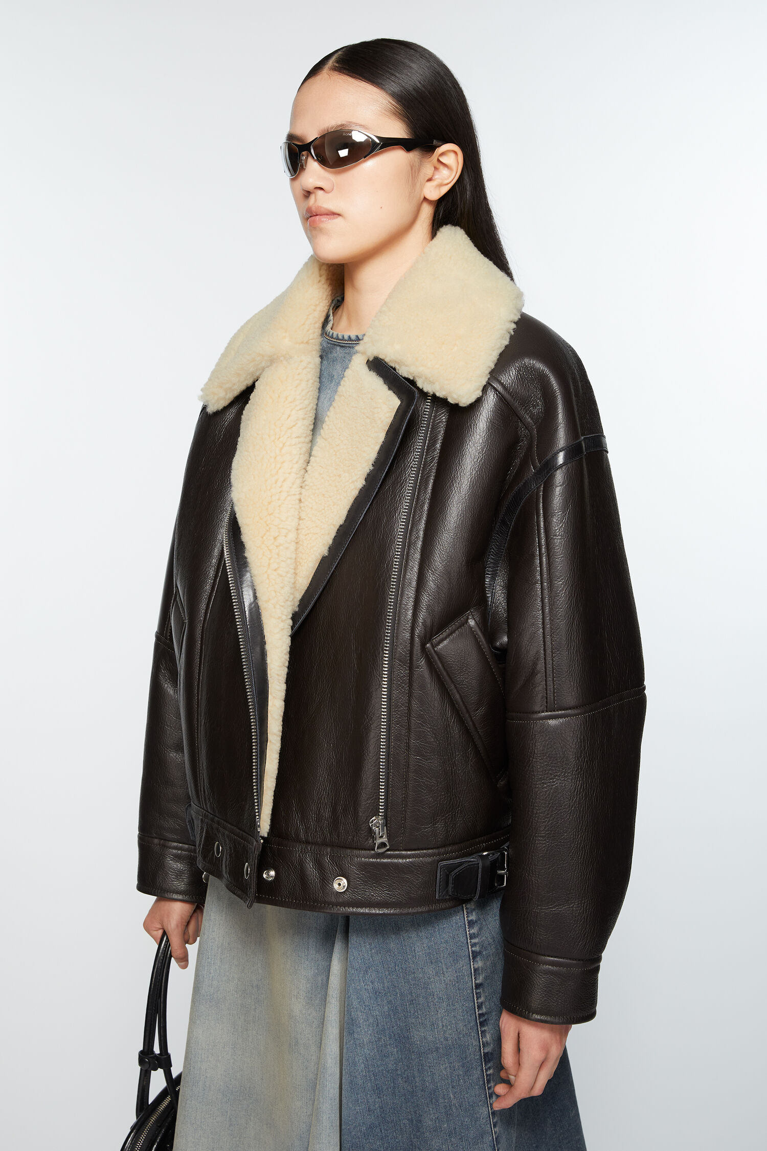 Acne Studios - Leather shearling jacket - Dark brown/beige